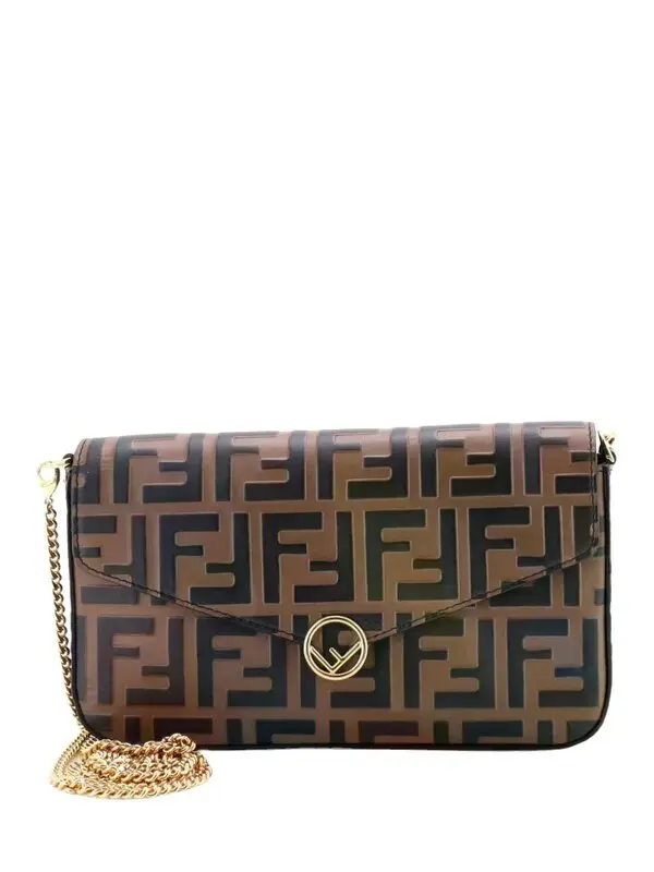 Fendi Zucca Embossed Leather Clutch Bag With Chain Strap - Brown