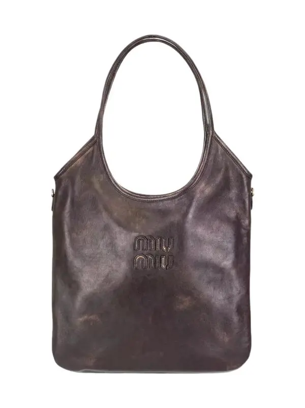 Miu Miu Logo-embossed Distressed Leather Tote Bag - Brown