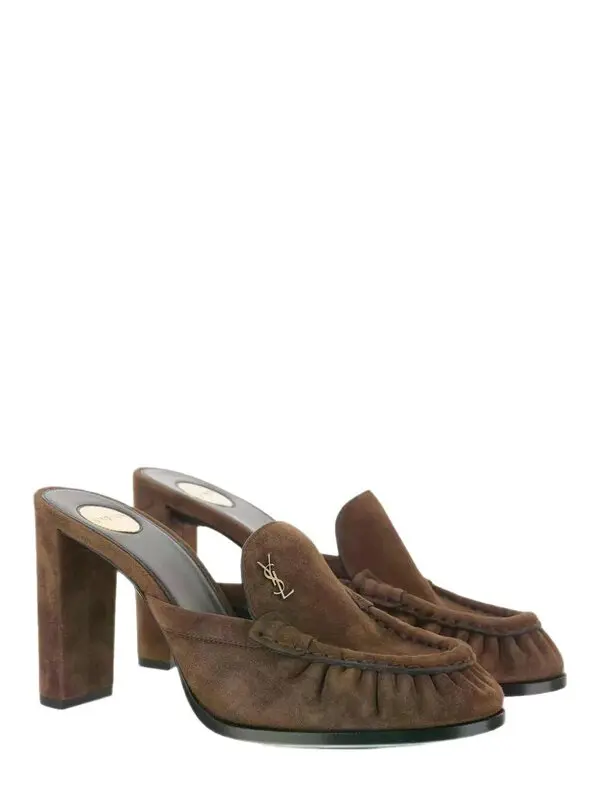 Saint Laurent Le Loafer Suede Mules With Block Heel - Brown