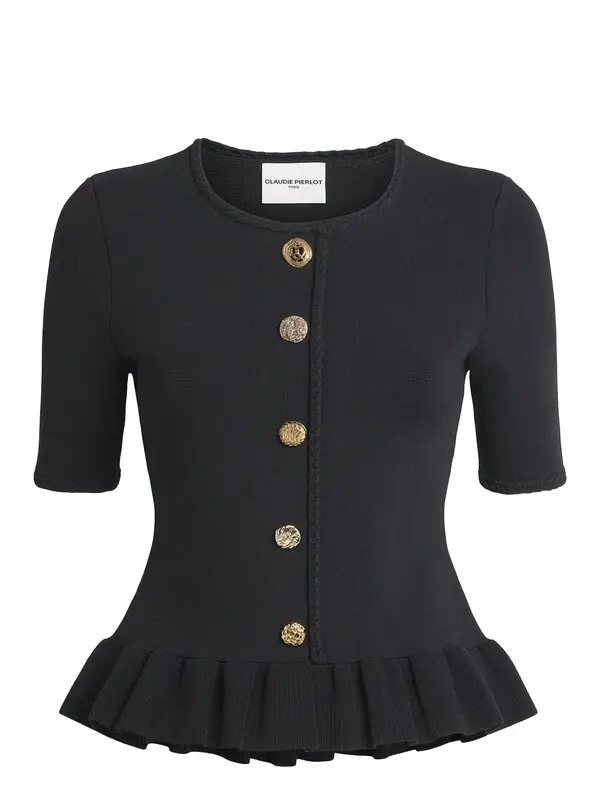 Claudie Pierlot Braid-detail Knitted Top With Ruffle Hem - Black