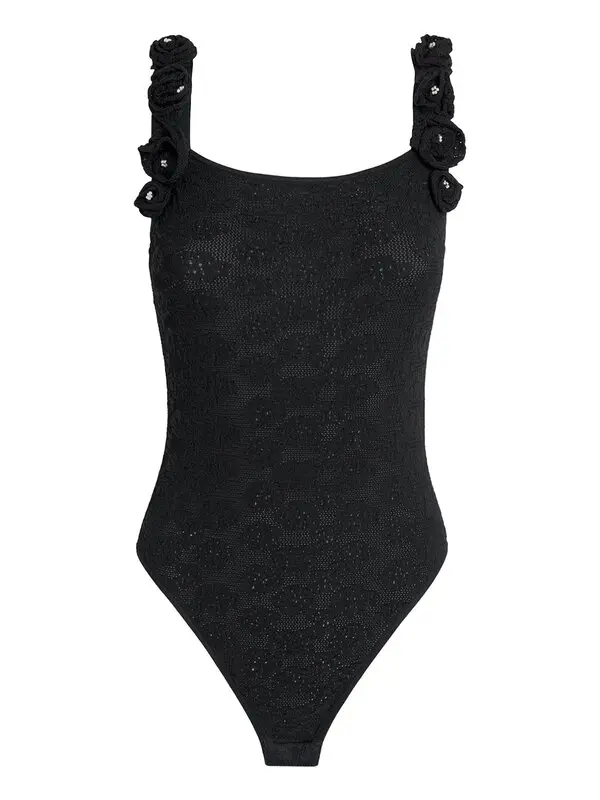 Sandro Knitted Bodysuit With Floral Appliqués - Black