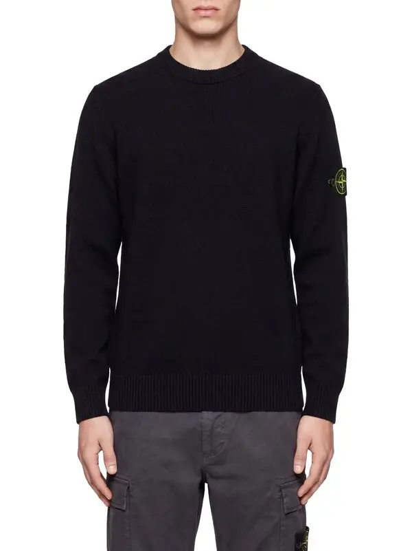 Stone Island Virgin Wool Crewneck Jumper With Compass Logo Patch - Black