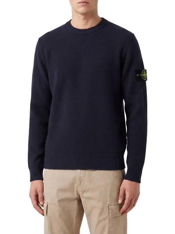 Stone Island Virgin Wool Crewneck Jumper With Compass Logo Patch - Blue