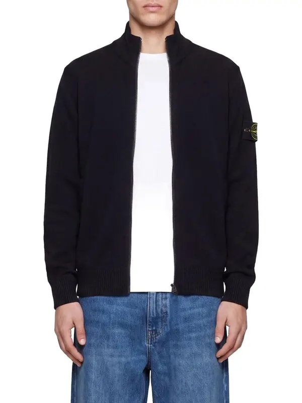 Stone Island Virgin Wool Turtleneck Cardigan With Compass Logo Patch - Black