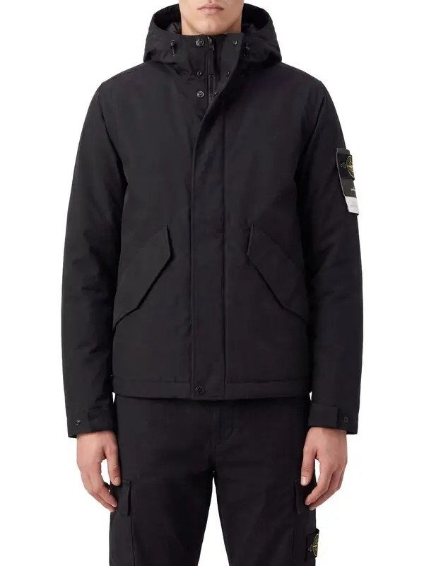 Stone Island Recycled Nylon Hooded Windbreaker Jacket With Compass Logo - Black