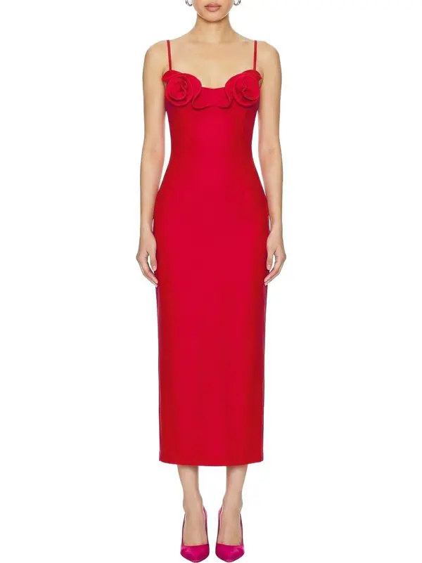 Magda Butrym Wool Midi Sheath Dress With Square Neckline And 3d Flower Applique - Red