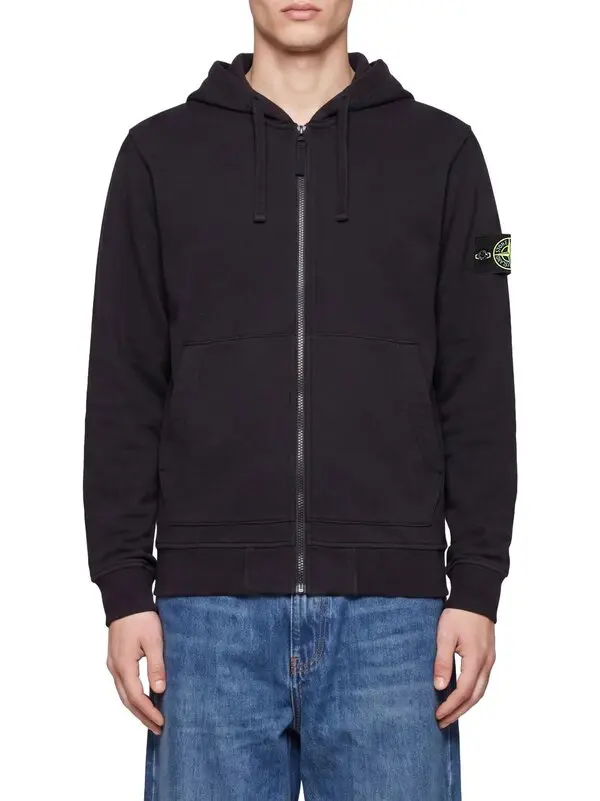 Stone Island Cotton Zip-up Hoodie With Dropped Shoulders - Black