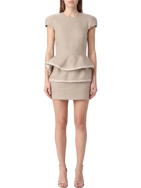 Magda Butrym Linen Sheath Mini Dress With Flower Appliqué And Lace Trim - Beige