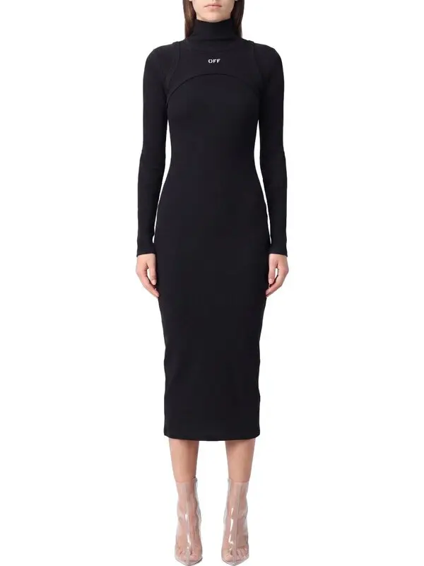 Off-White Cotton Knit Sheath Midi Dress - Black