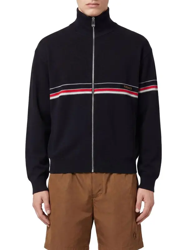 Versace Striped Cotton Turtleneck Zip-up Jumper - Black
