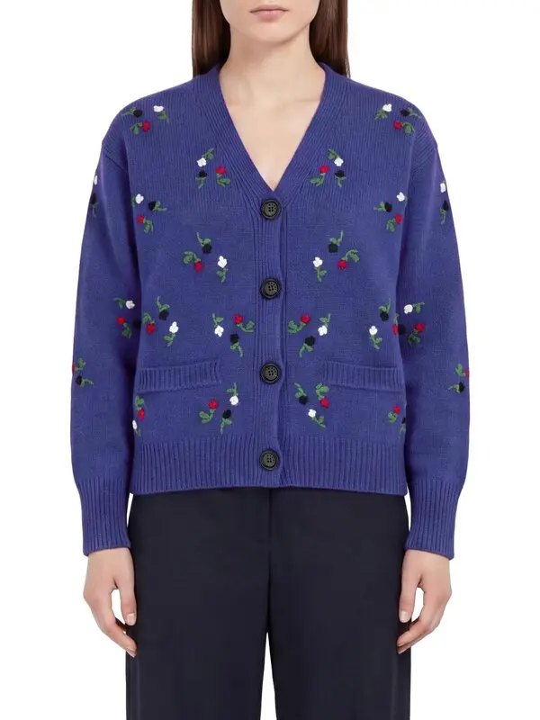 Marni Virgin Wool And Cashmere Cardigan With Floral Embroidery - Blue