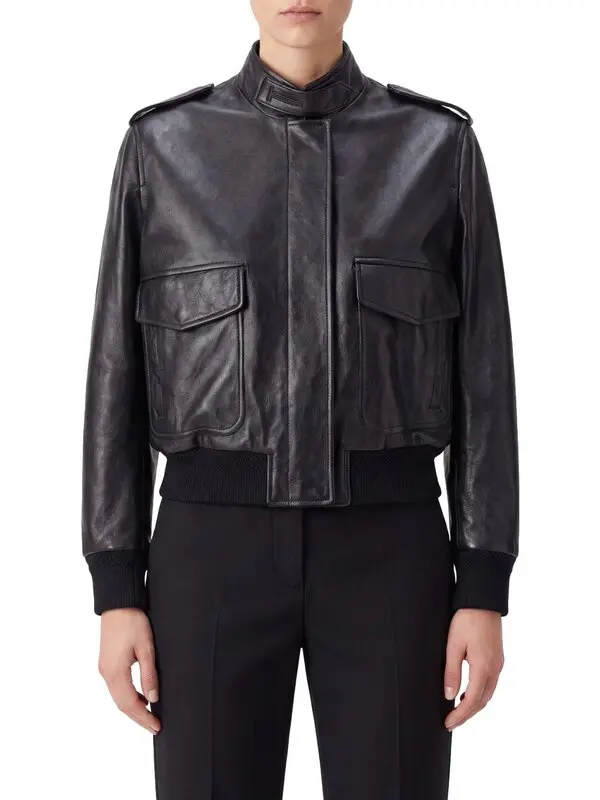 TOM FORD Lambskin Leather Bomber Jacket With High Neck And Epaulettes - Black