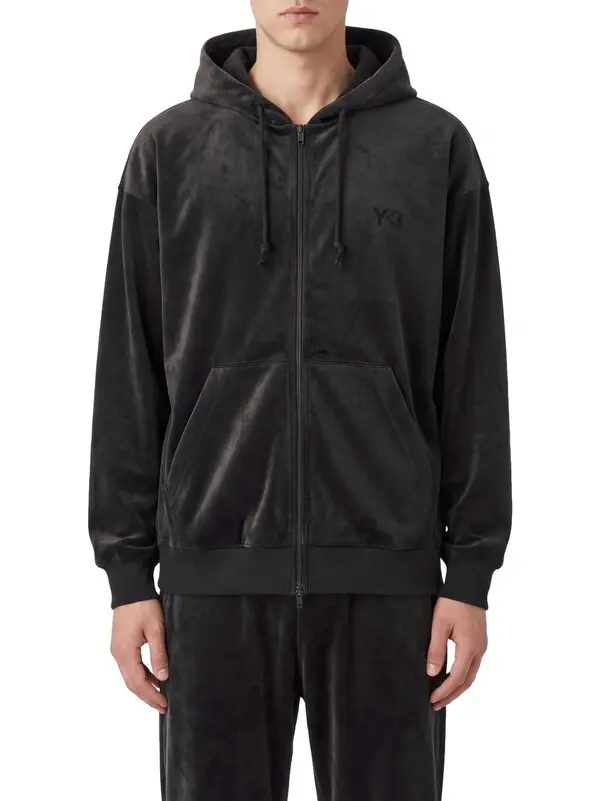 Y3 Velvet Zip-up Hoodie With Tone-on-tone Logo - Black