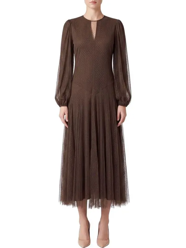 TWINSET Pleated Tulle Midi Dress - Brown