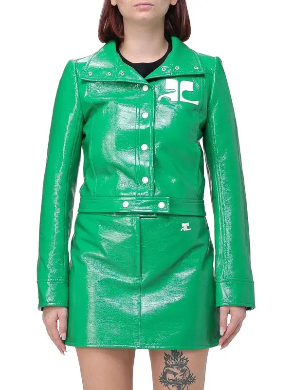 COURREGES Cropped Faux Leather Jacket With Contrast Logo - Green