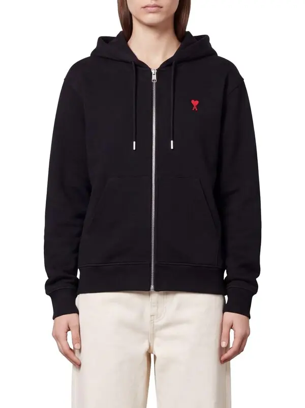 AMI Paris Cotton Zip-up Hoodie With Embroidered Logo - Black