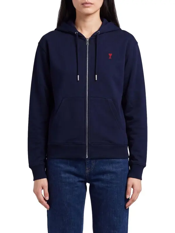 AMI Paris Cotton Zip-up Hoodie With Embroidered Logo - Blue