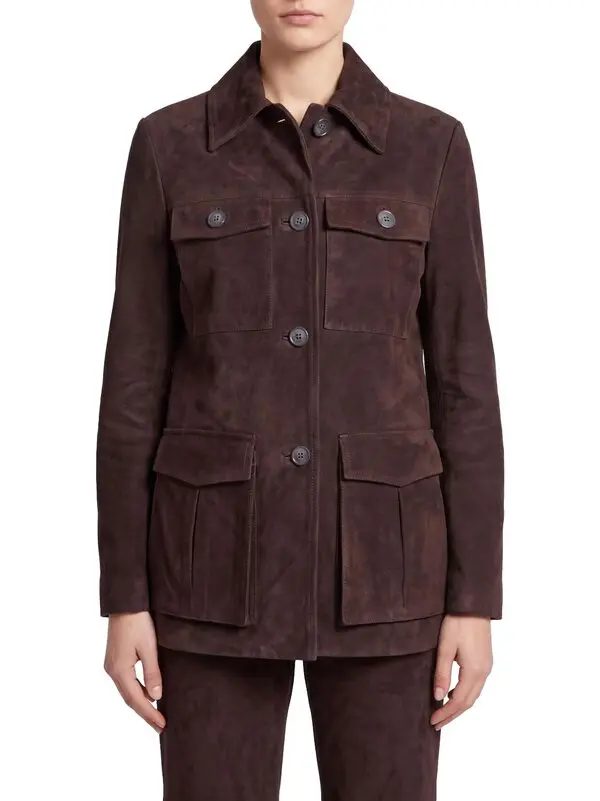 SEMICOUTURE Cropped Suede Leather Shirt Jacket With Patch Pockets - Brown