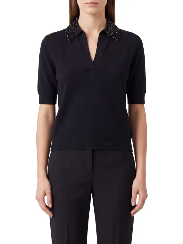 SEMICOUTURE Jewelled-collar Knit Polo In Wool And Cashmere Blend - Black