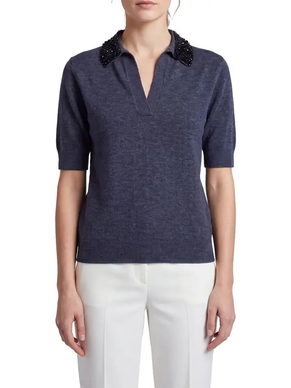 SEMICOUTURE Jewelled-collar Knit Polo In Wool And Cashmere Blend - Grey