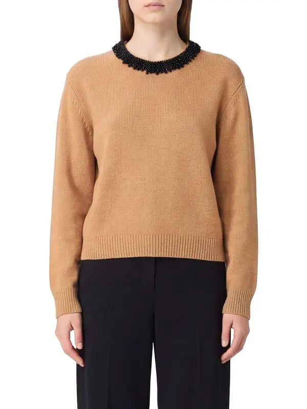 SEMICOUTURE Wool And Cashmere Crewneck Jumper With Crystal Embellishments - Camel