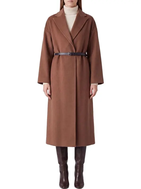 SEMICOUTURE Long Wool Robe Coat With Peak Lapel And Self-tie Belt - Brown