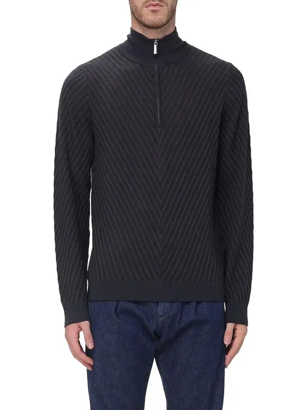 Emporio Armani Slim Fit Chevron Virgin Wool Quarter Zip Jumper - Navy