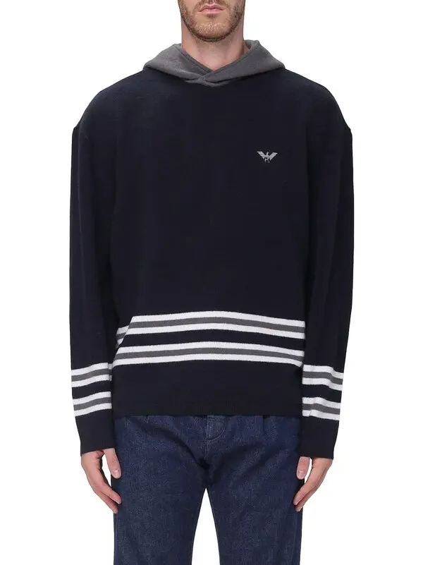 Emporio Armani Virgin Wool Knit Hoodie With Eagle Logo - Blue