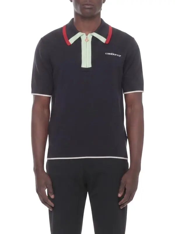 Casablanca Slim Fit Zipped Wool Knit Polo Shirt With Contrast Trims - Navy