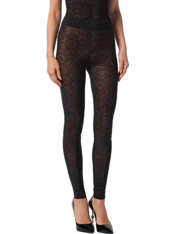Philipp Plein High-waisted Sheer Tulle Leggings With Rhinestone Logo - Black