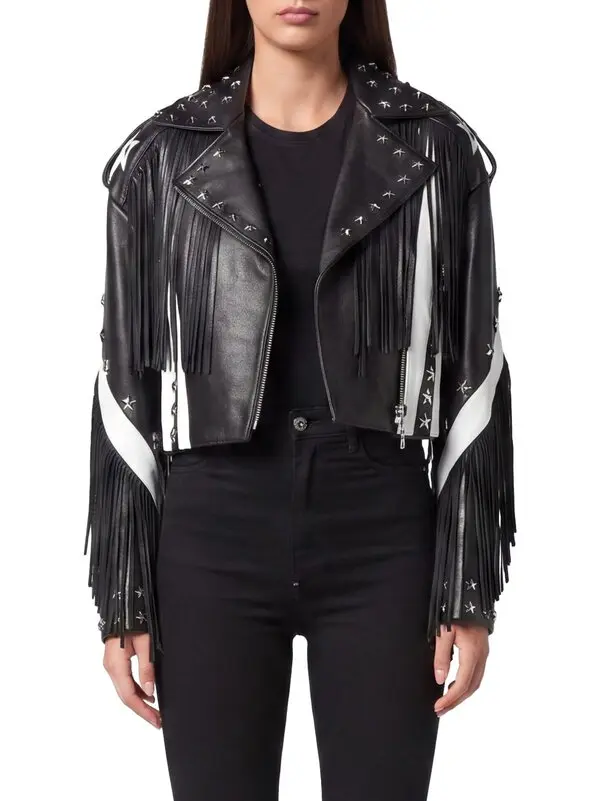 Philipp Plein Leather Biker Jacket With Fringes And Studs - Black