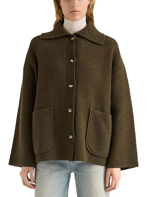 Proenza Schouler White Label Nelly Merino Wool Collared Sweater Jacket - Olive