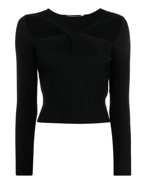 SELF-PORTRAIT Knit Top With Cutout And Ruched Details - Black
