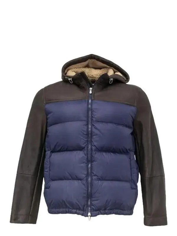 Brunello Cucinelli Down Jacket With Drawstring Hood And Leather Sleeves - Black