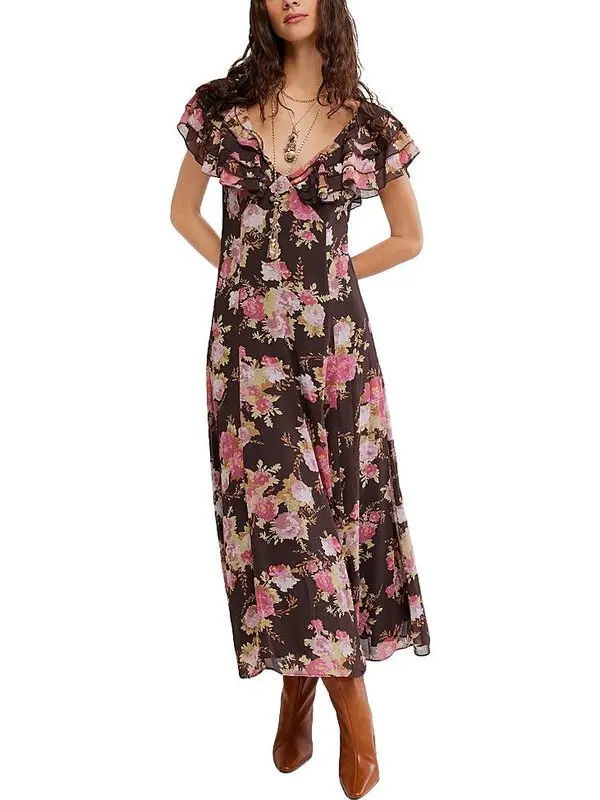 Free People Forsythia Printed Maxi Dress With Ruffled Details - Deep Fudge