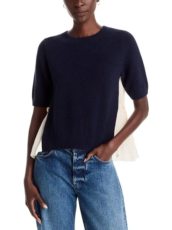 A.REN Liora Mixed Media Short Sleeve Top - Navy