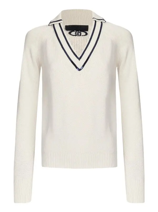 Liu Jo V-neck Jumper With Sequins And Striped Polo Collar - White