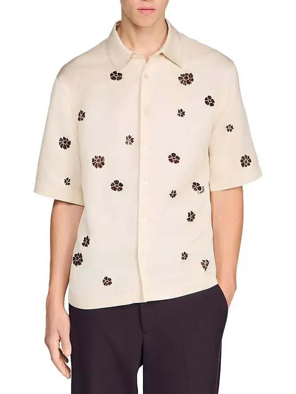 Sandro Loose Velvet Flowers Floral Shirt - Ecru