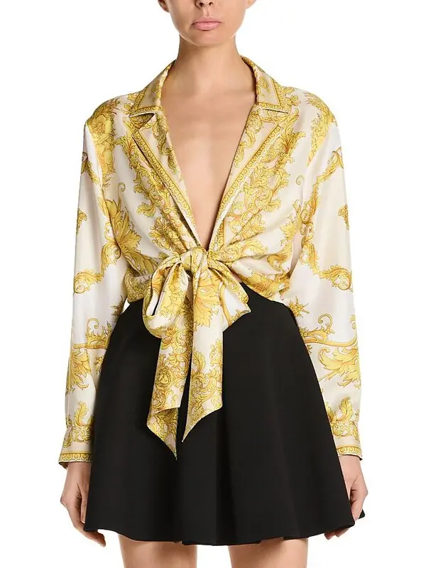 Versace Twill Plunging Neck Top With Front Tie - Bone/ivory