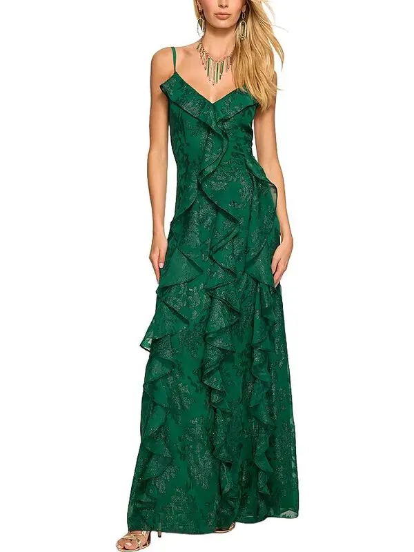 Ramy Brook Penelope V Neck Ruffled Gown - Deep Emerald