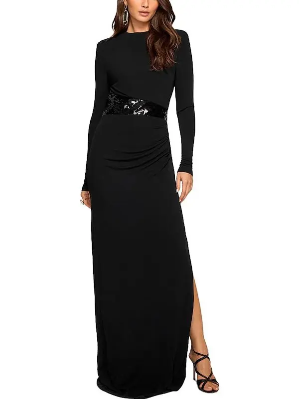 Ramy Brook Samantha Sequin Waist Long Sleeve Gown - Black