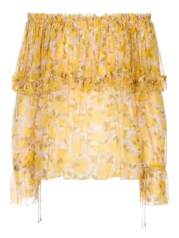 Chloé Puff-sleeve Off-the-shoulder Silk Blouse With Ruffled Flounce - Giallo