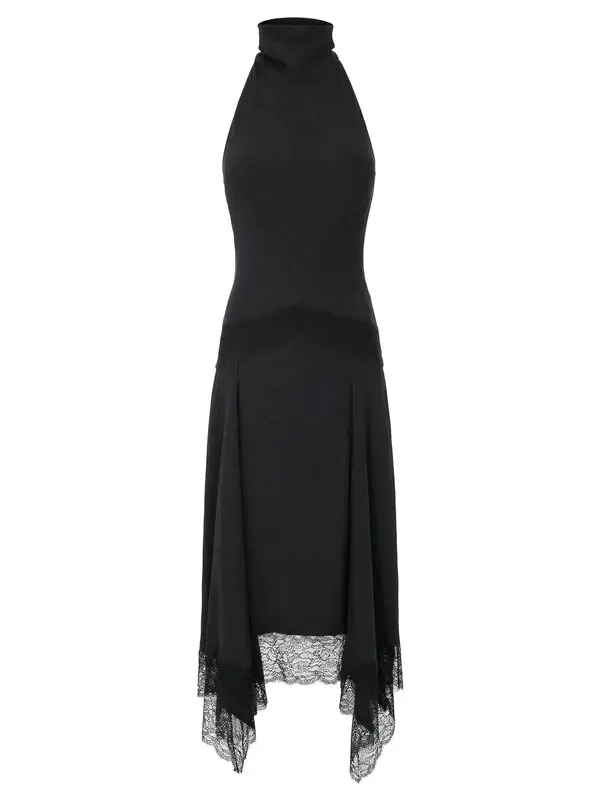 Andamane Halter Neck Lace Trim Midi Dress - Black