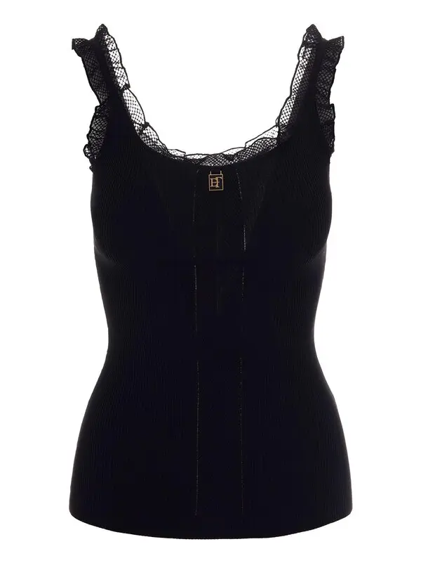 Elisabetta Franchi Ribbed Knit Lace Trimmed Tank Top - Nero