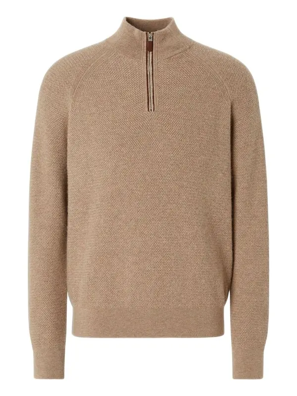 Zegna Ribbed Cashmere Sweater With Leather Trim And Zip Closure - Beige