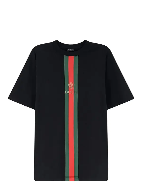 Gucci Crest Cotton T-shirt With Web Ribbon Detail, Regular Fit - Nero