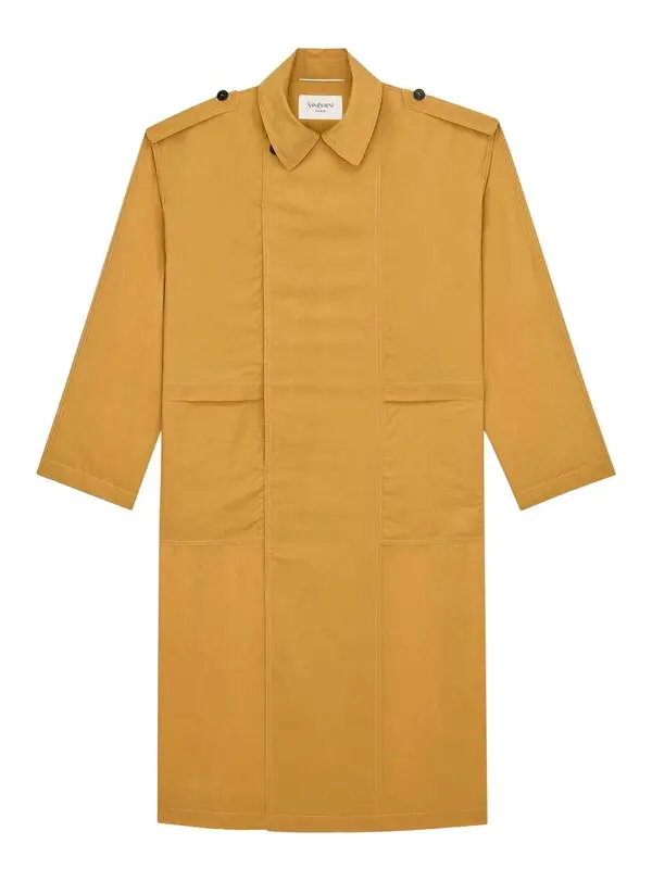 Saint Laurent Long Buttoned Jacket With Pockets - Caramel