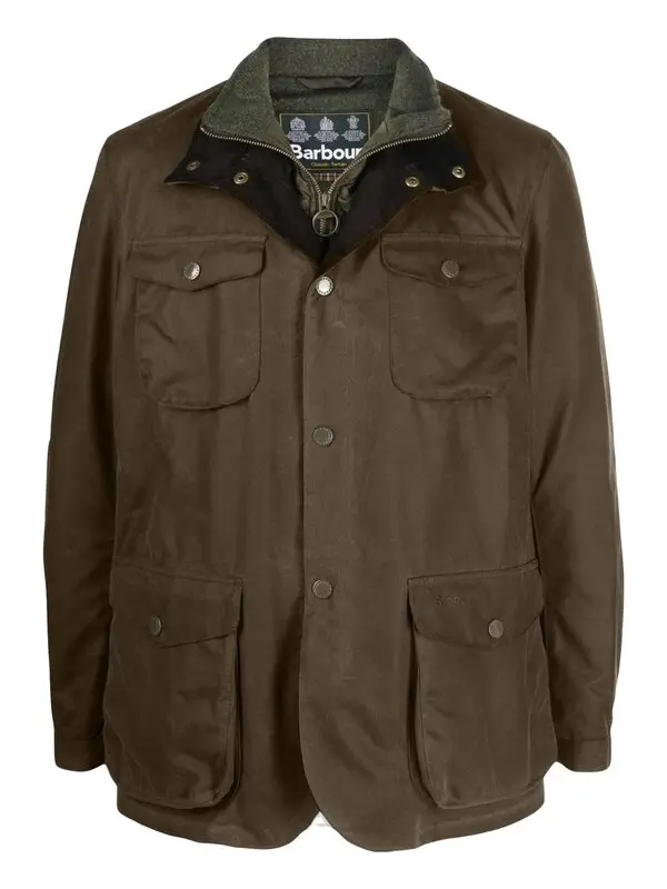Barbour Waxed Cotton/wool Blend Embroidered Logo Stand-up Collar Coat - Green