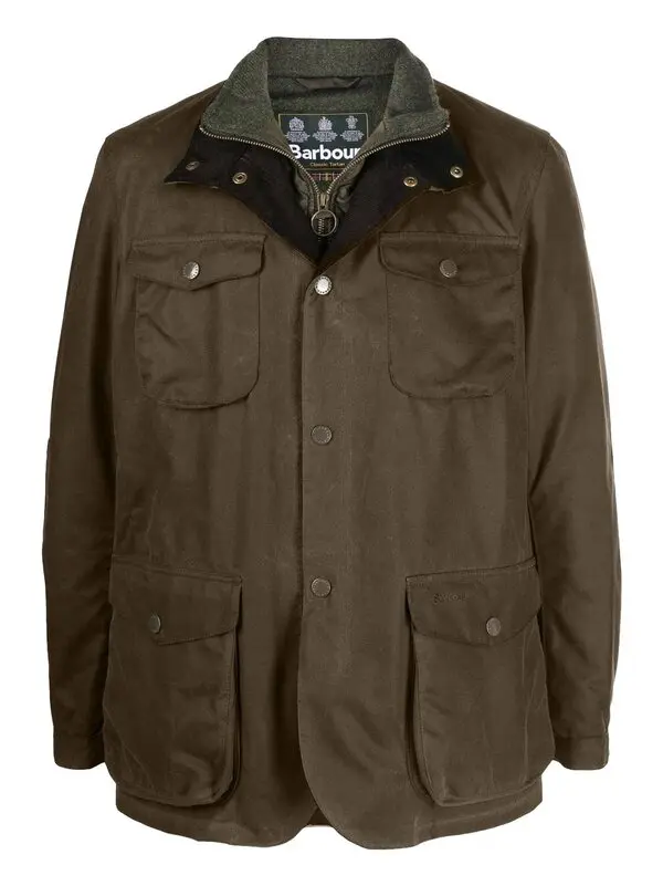 Barbour Waxed Cotton/wool Blend Embroidered Logo Stand-up Collar Coat - Green