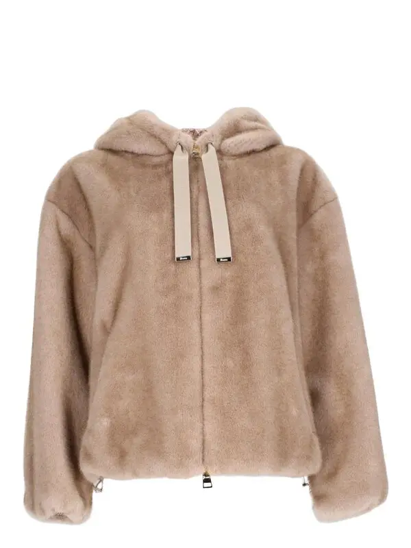 Herno Faux Fur Bomber Jacket With Hood - Beige